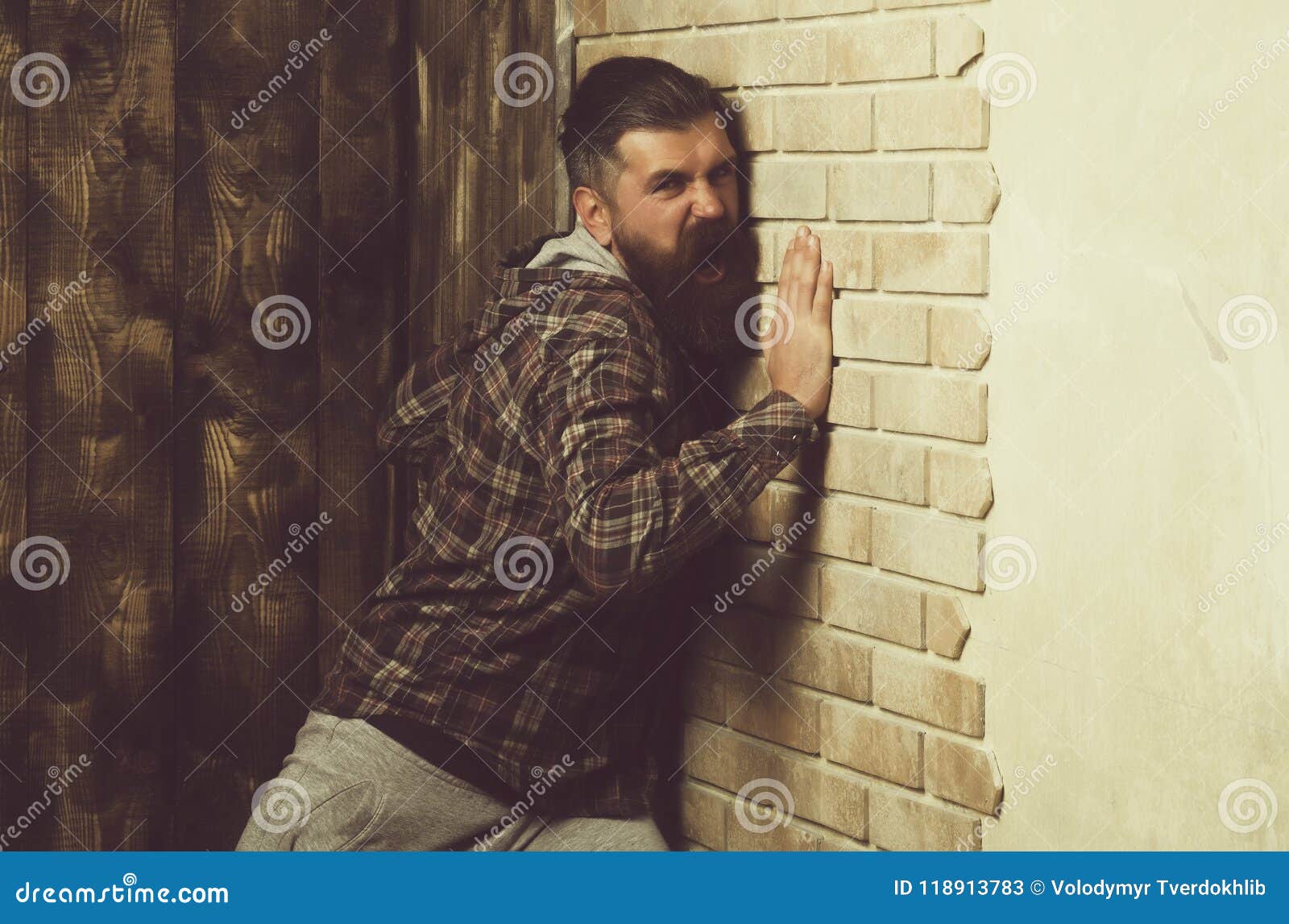 Aggression Anger Stress Problem Trouble. Hipster Screaming at Brick ...