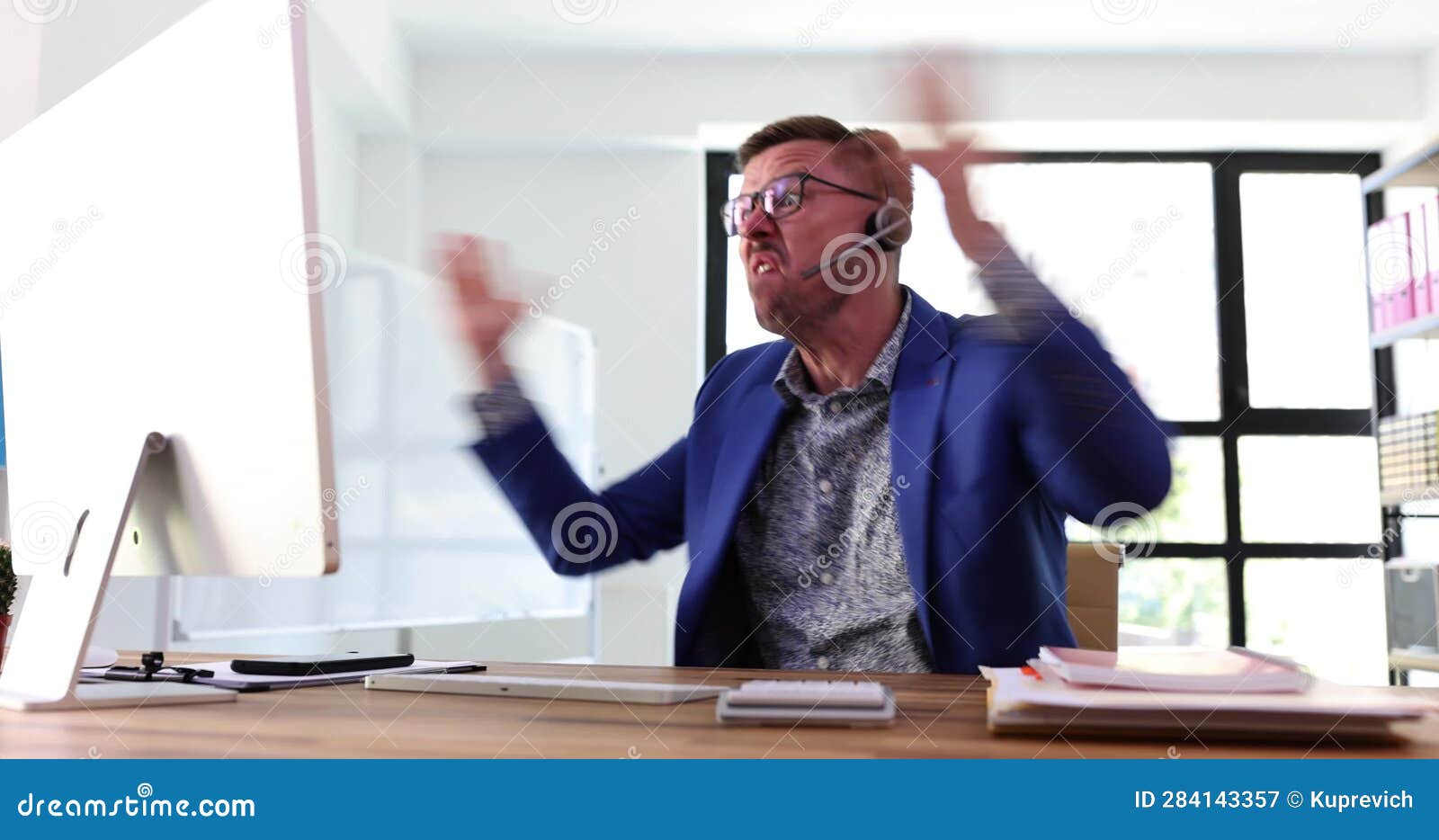 Aggressive Angry Man Work in Customer Service and Sit in Office and ...