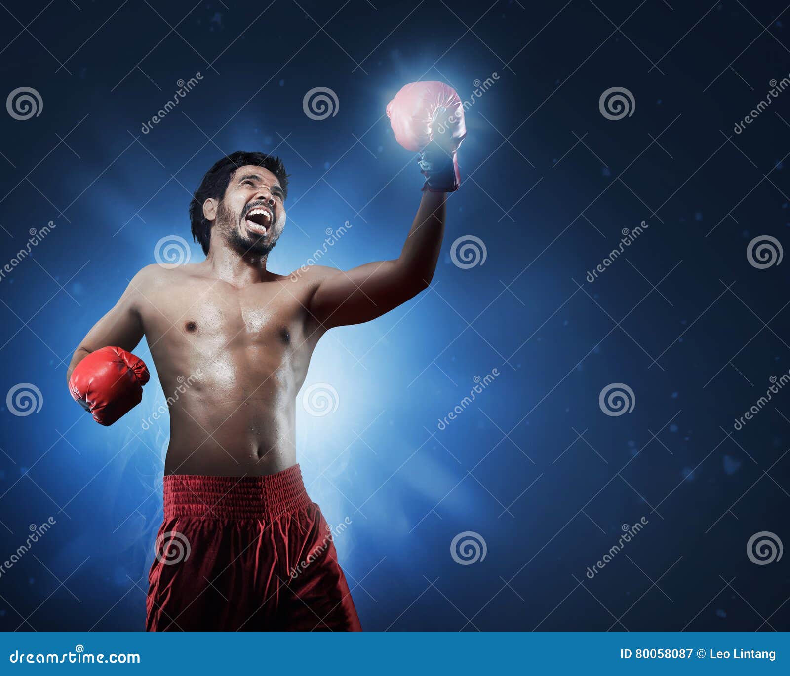 Aggressive Asian Man Boxer with Gloves Training Throwing Punch Stock ...