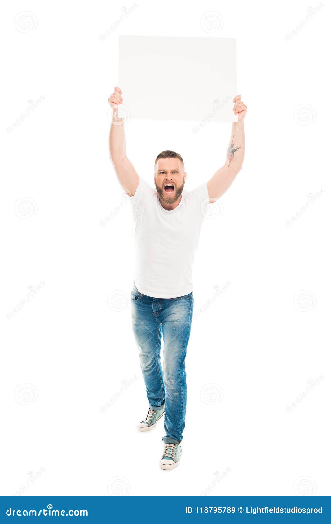 Aggressive Bearded Man Holding Blank Banner Above Head, Stock Image ... Aggressive Bearded Man Holding Blank Banner Above Head, Stock Image ...