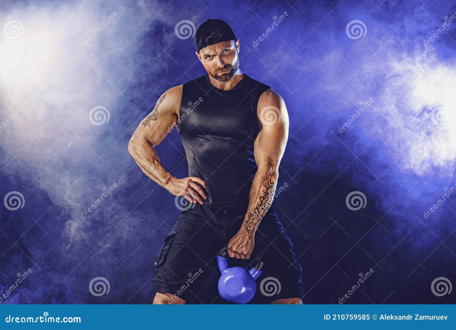 Aggressive Bearded Muscular Bodybuilder Doing Exercise for the B Stock ...