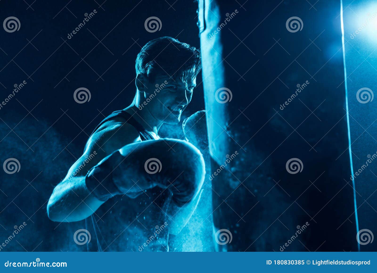 Aggressive Boxer in Boxing Gloves Training with Punching Bag. Stock ...