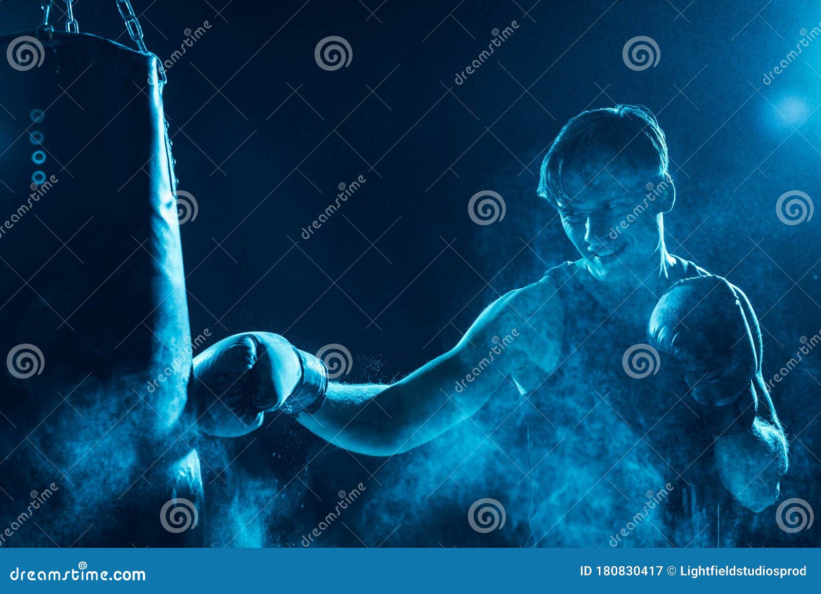 Aggressive Boxer in Boxing Gloves Training with Punching Bag. Stock ...