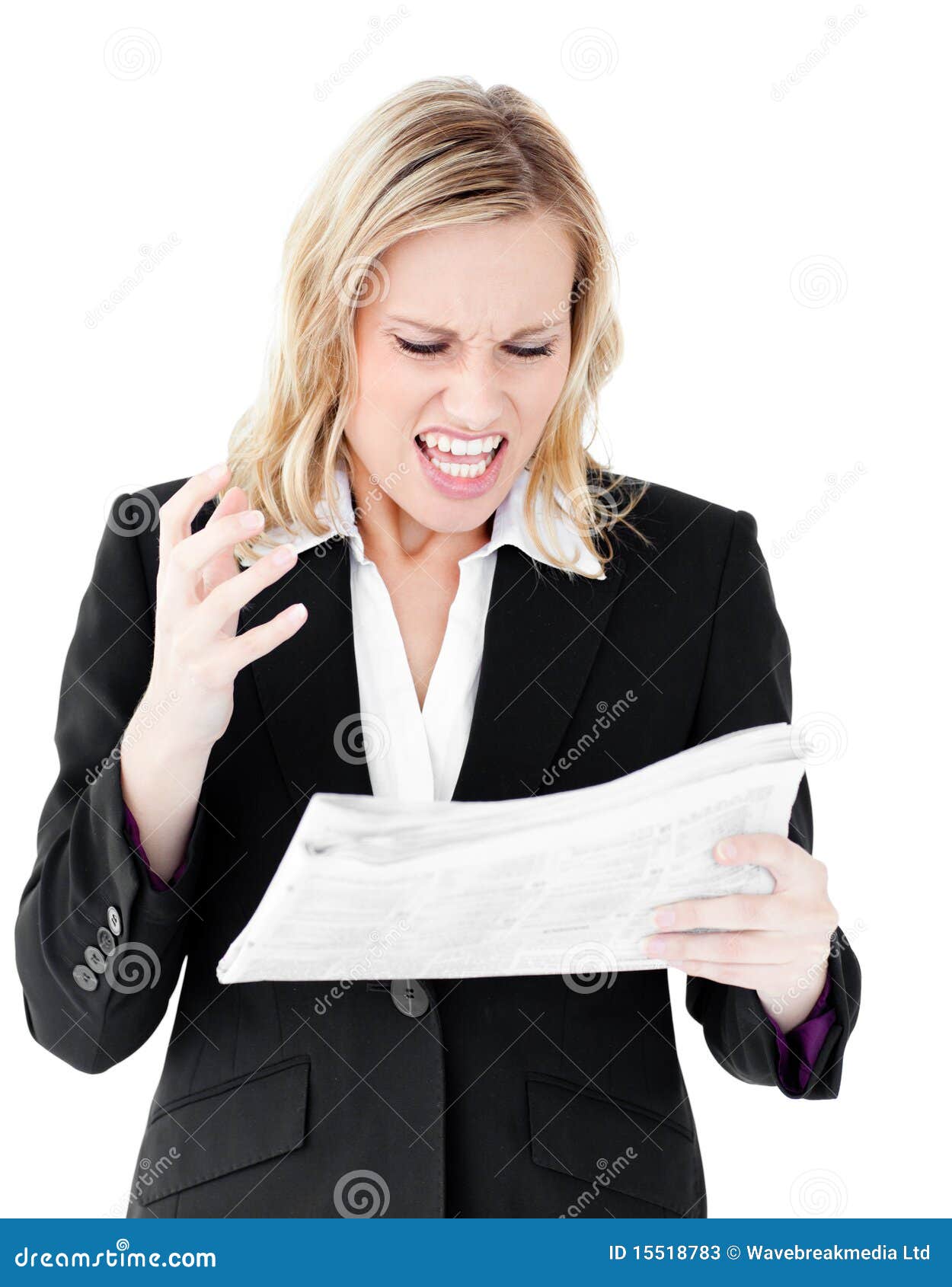 Aggressive Businesswoman Looking at a Newspaper Stock Image - Image of ...