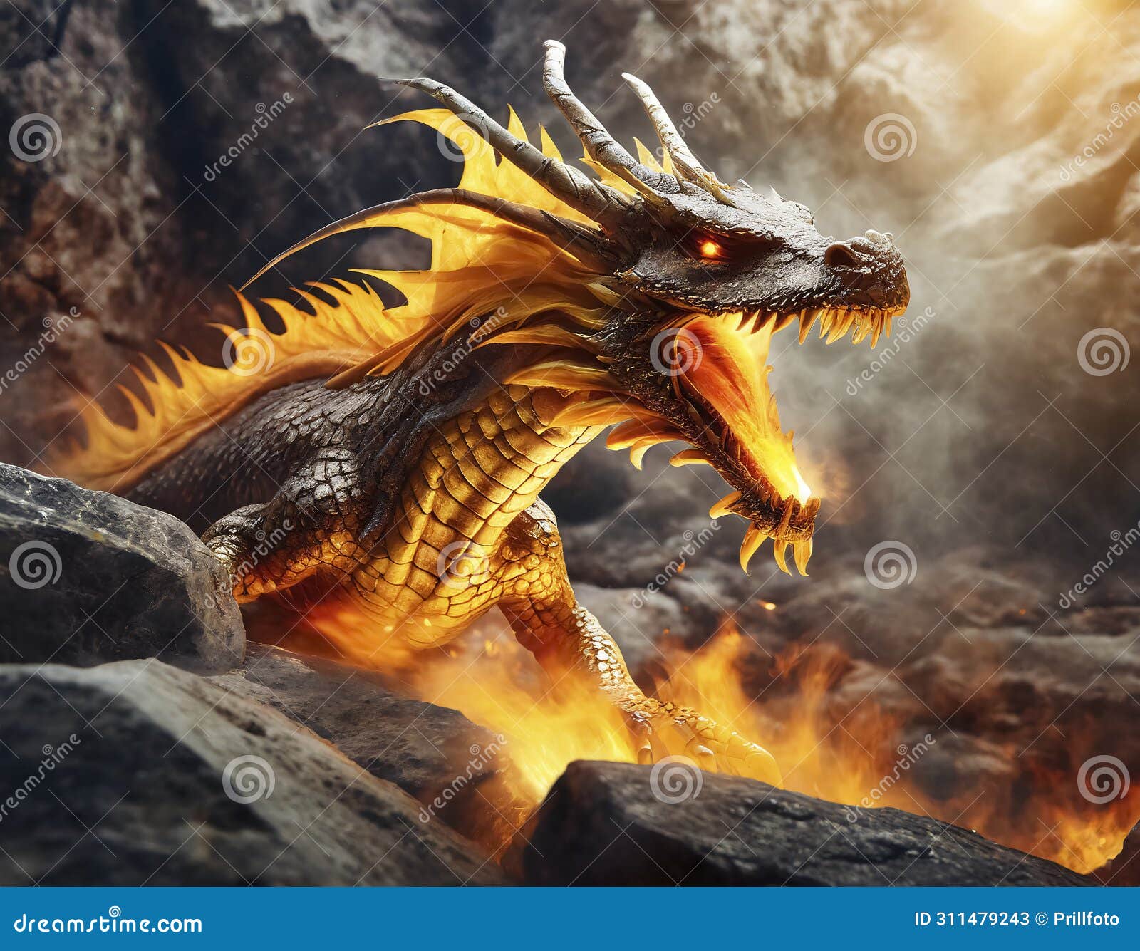 Aggressive fire drake stock illustration. Illustration of fire - 311479243