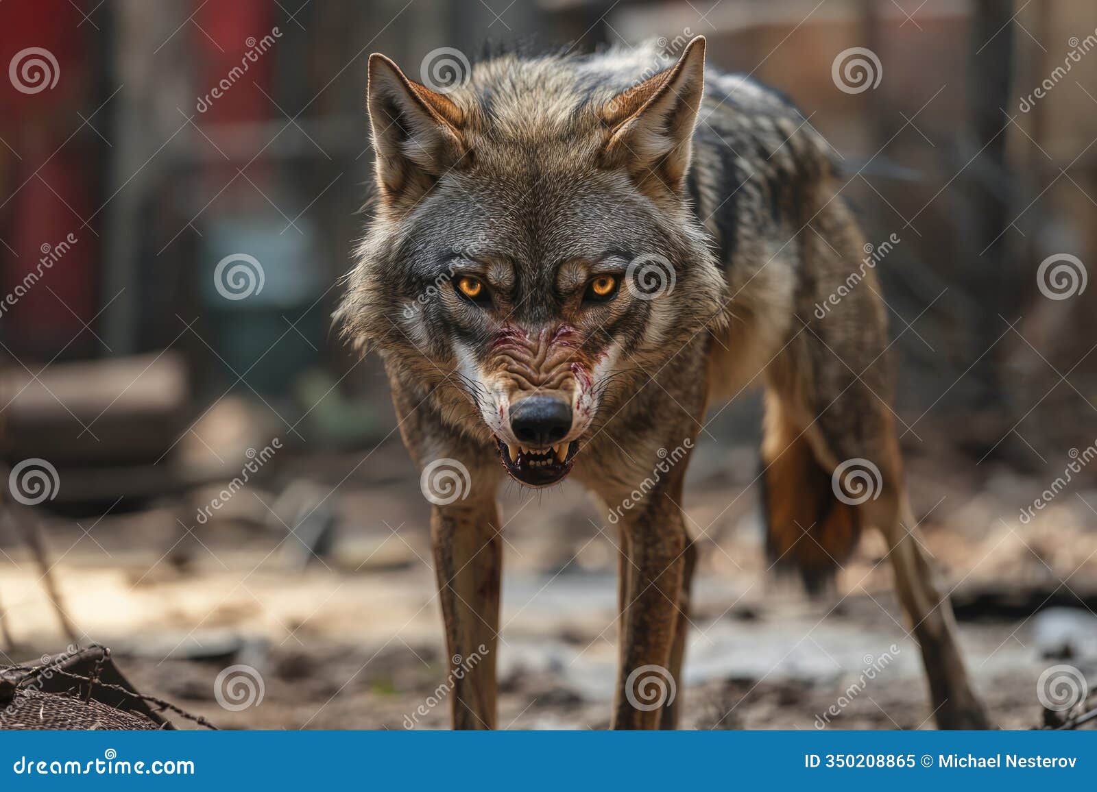 Aggressive Grey Wolf Showing Teeth and Growling Covered in Blood Stock ...