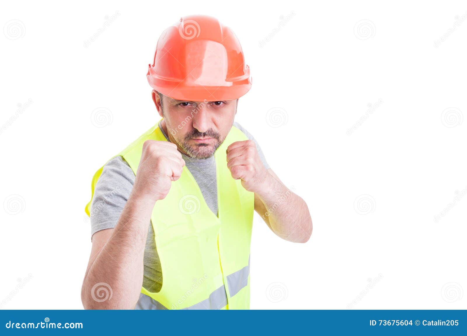 Aggressive Handsome Constructor Acting Violent and Fighting Stock Photo ...