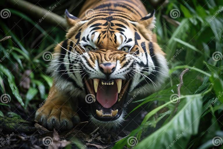 Aggressive-looking Tiger Showing Teeth in the Jungle Stock Illustration ...