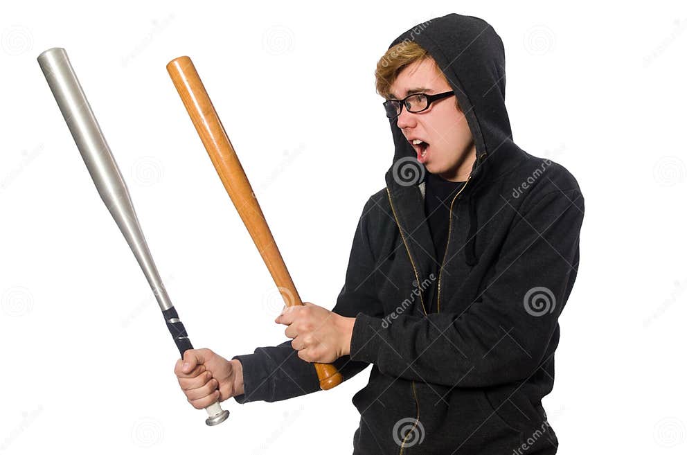 The Aggressive Man with Baseball Bat Isolated on White Stock Photo ...