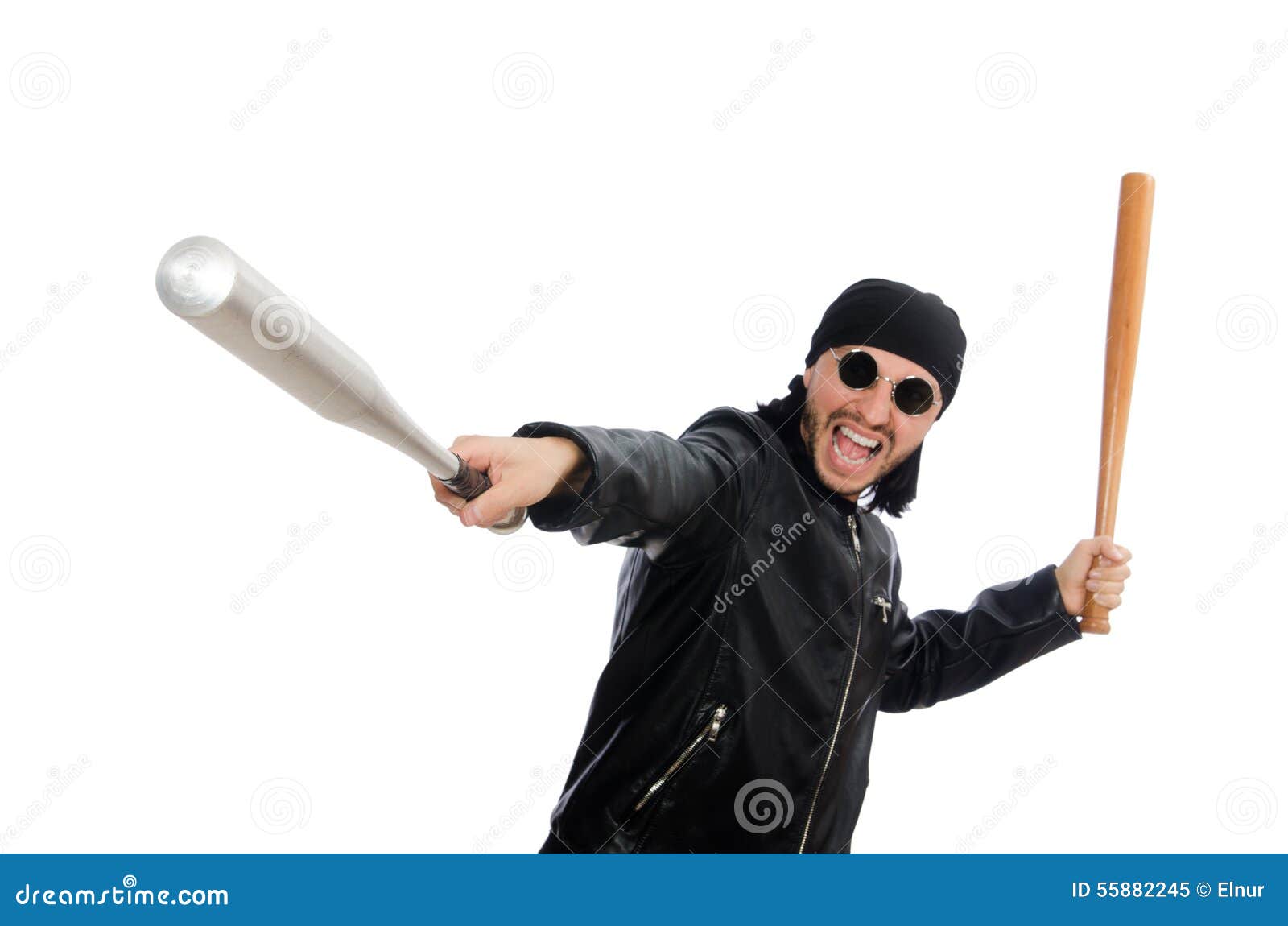 Aggressive Man with Baseball Bat on White Stock Image - Image of gang ...