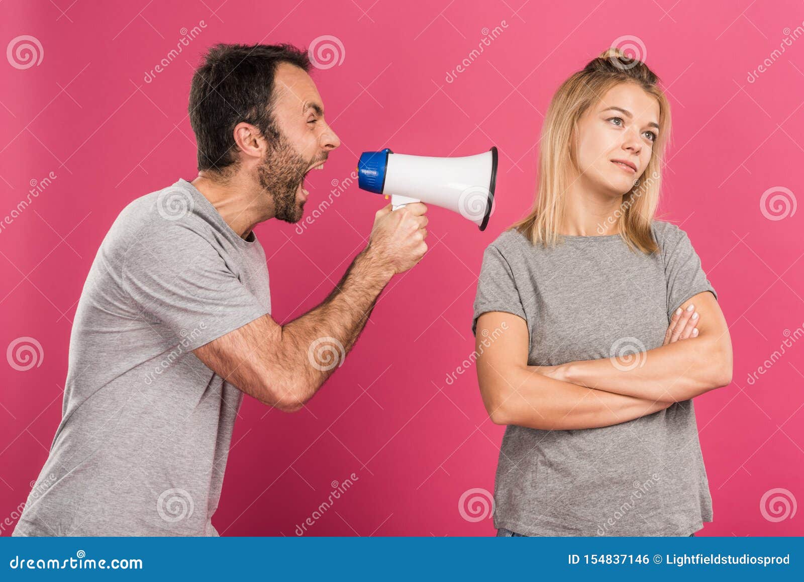 Aggressive Man Yelling with Megaphone on Girlfriend, Isolated Stock ...