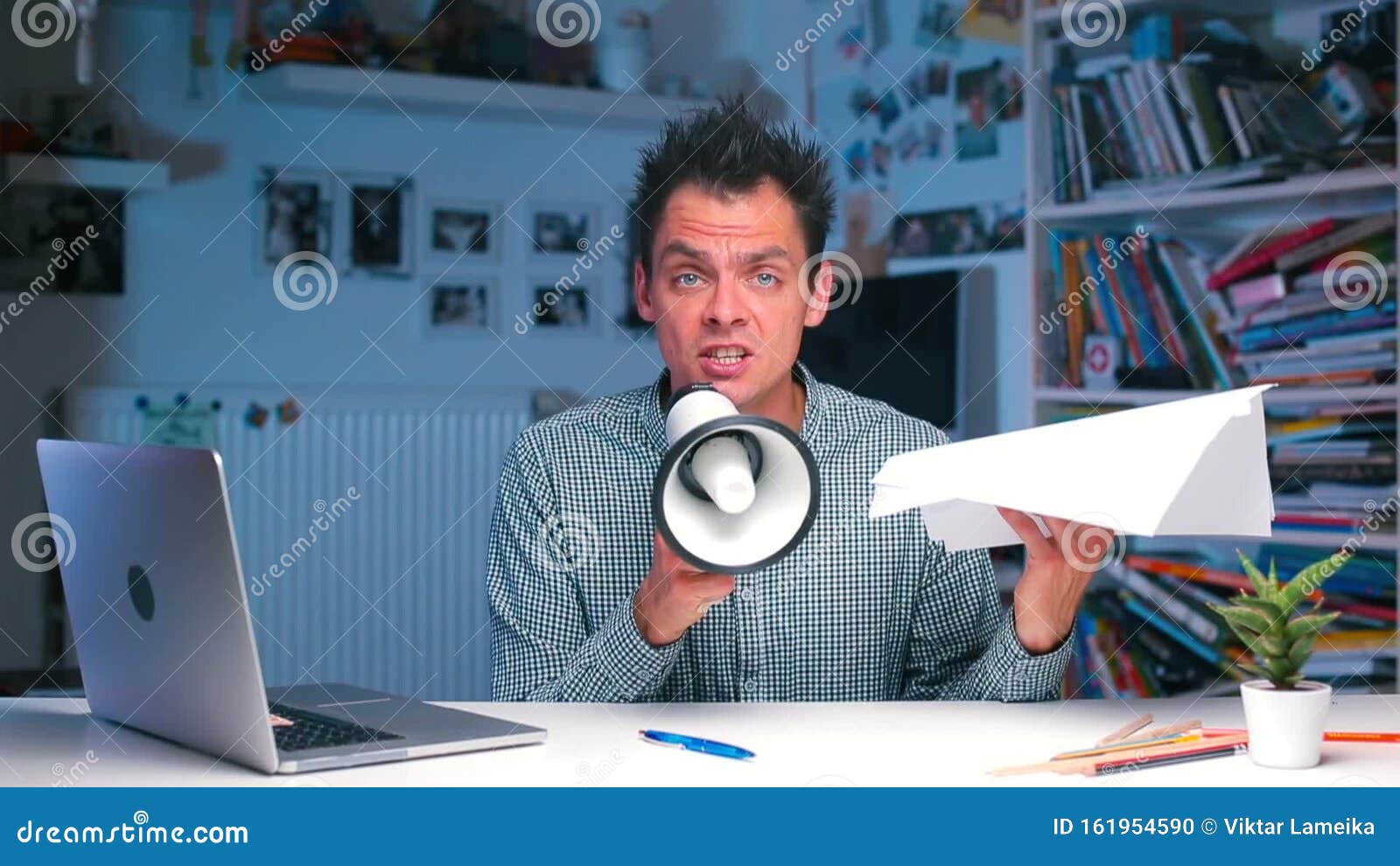 Aggressive Manager Shouting into a Megaphone and Waving Documents Stock ...