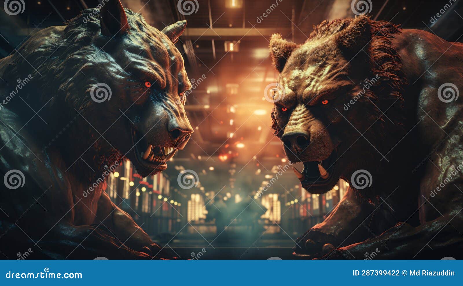 2 Aggressive Marketers or Traders One Head is Angry Red Bear and Bull ...