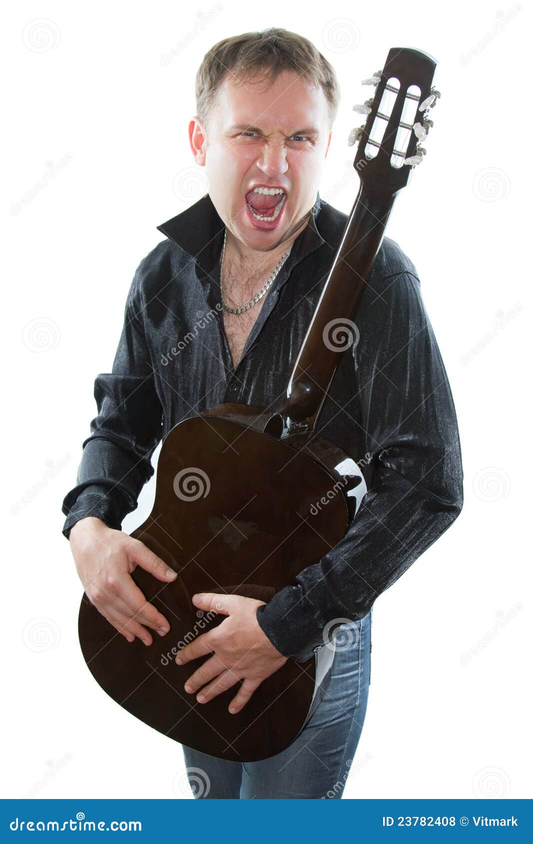 Aggressive Musician Screams with Acoustic Guitar Stock Photo - Image of ...