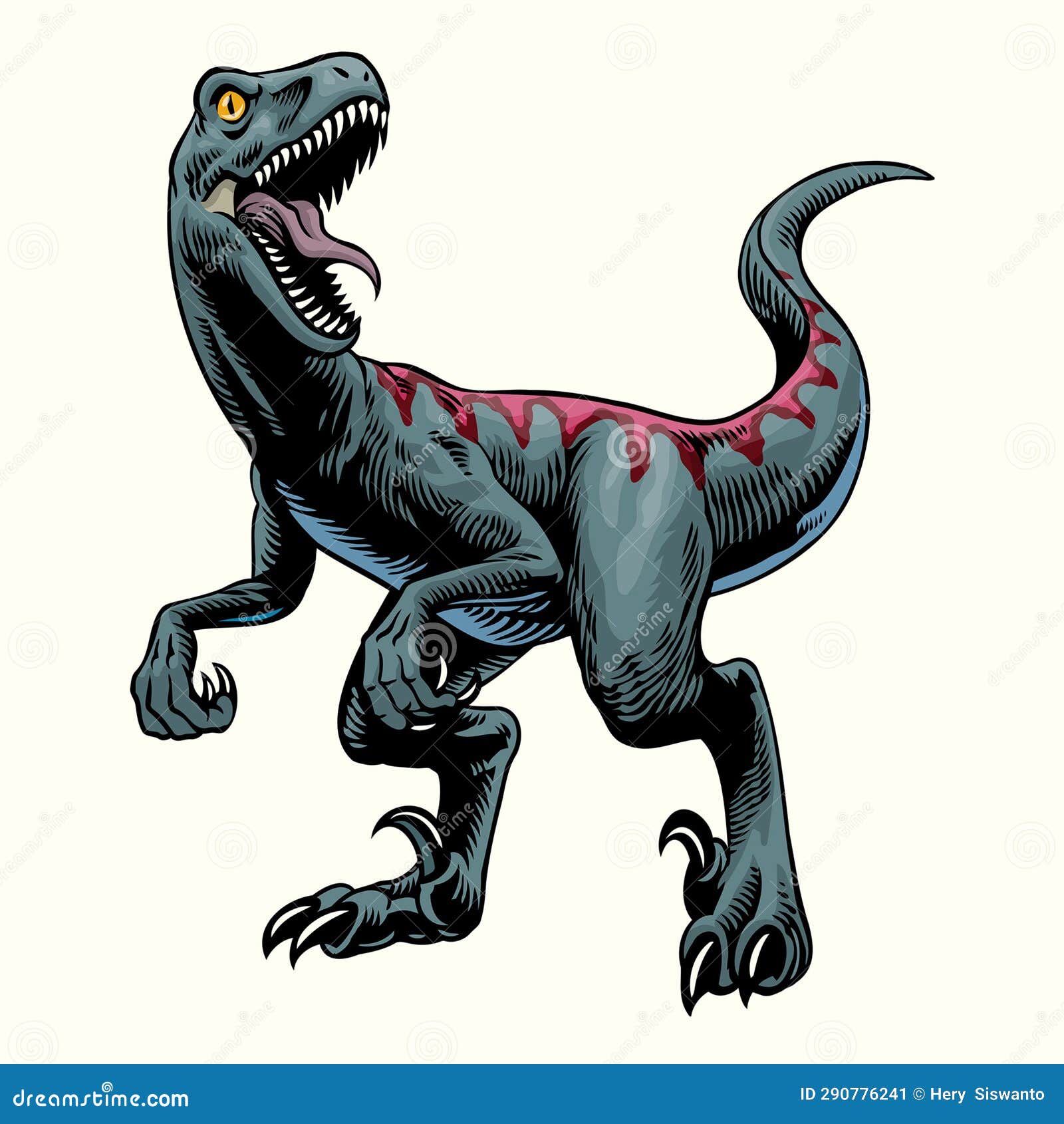 Aggressive Raptor Dino in Vintage Hand Drawn Style Stock Illustration ...