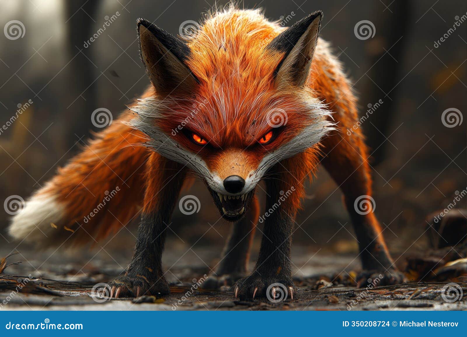 Aggressive Red Fox Showing Teeth and Glowing Eyes in Dark Forest Stock ...