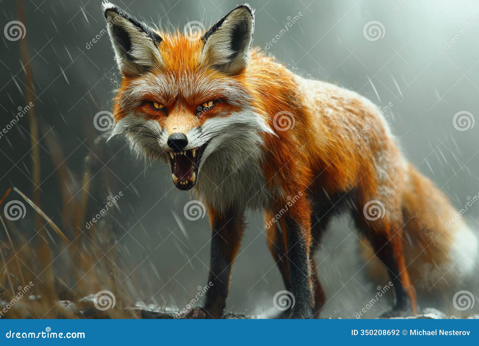Aggressive Red Fox Showing Teeth Under the Rain Editorial Photography ...