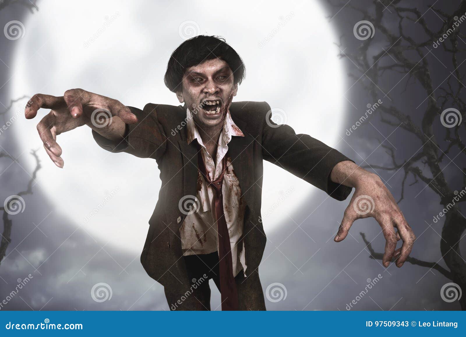 Aggressive Spooky Asian Zombie with Wounded Face Stock Image - Image of ...
