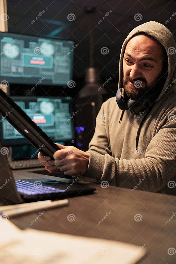 Aggressive Violent Hacker Throwing Keyboard Stock Image - Image of ...