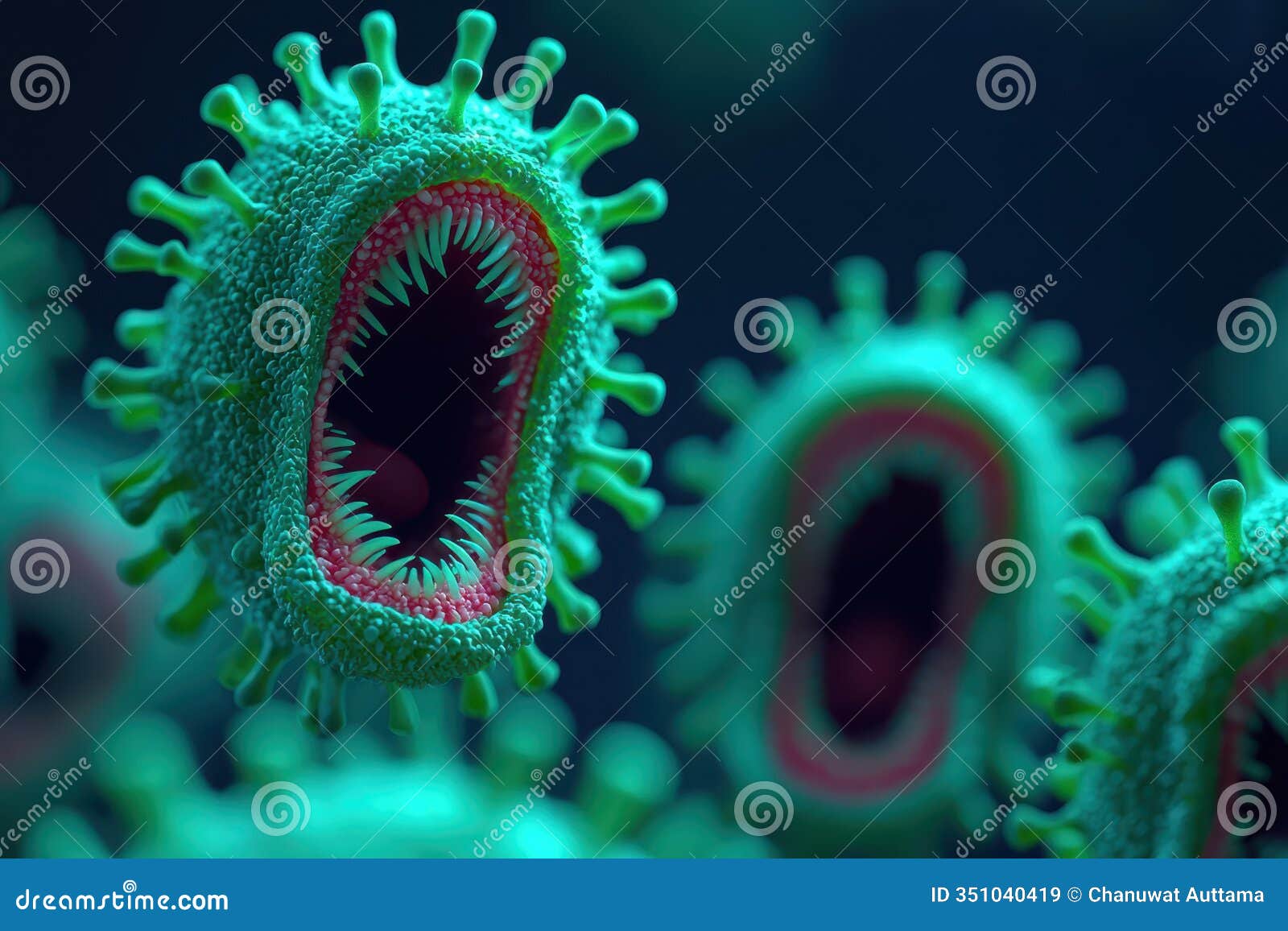 Aggressive Virus 3D Render Microscopic Closeup of Green Pathogen Stock ...