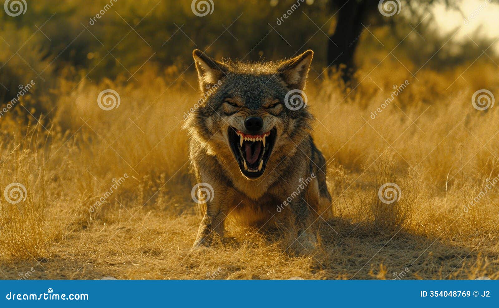 Aggressive Wolf in Dry Grass Field Showing Sharp Teeth in Natural ...