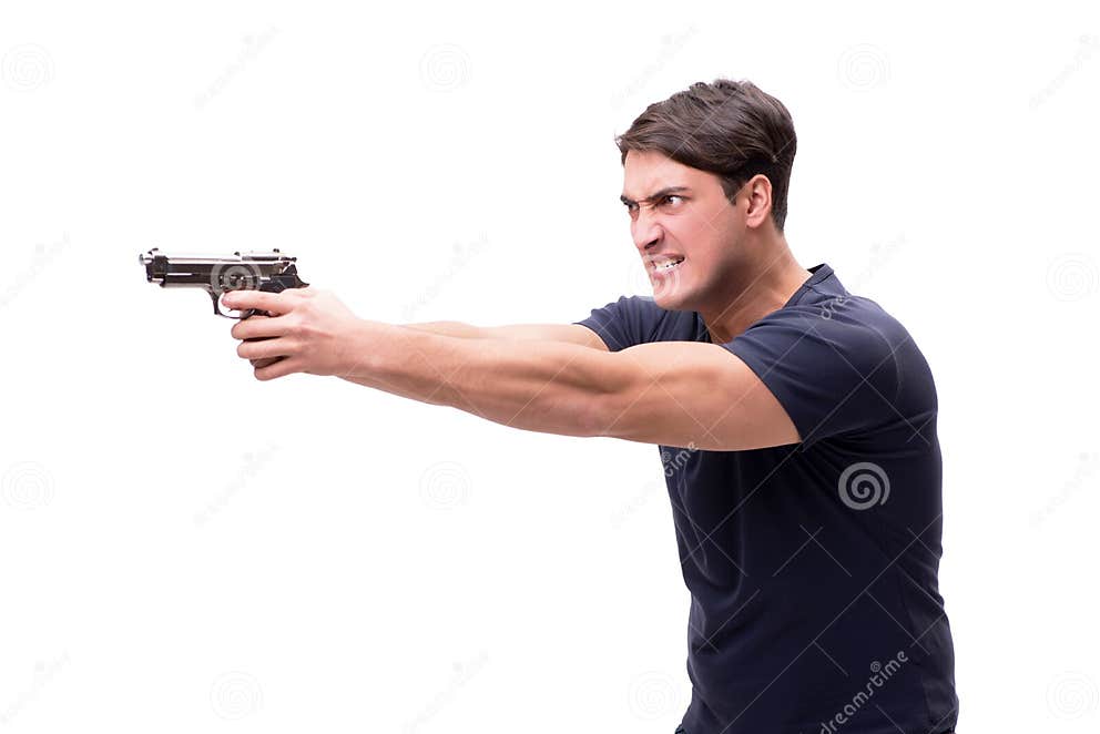 The Aggressive Young Man with Gun Isolated on White Stock Image - Image ...