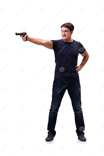 The Aggressive Young Man with Gun Isolated on White Stock Image - Image ...