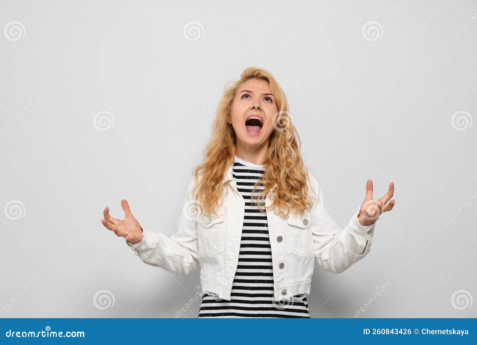 Aggressive Young Woman Screaming with Rage on White Background Stock ...