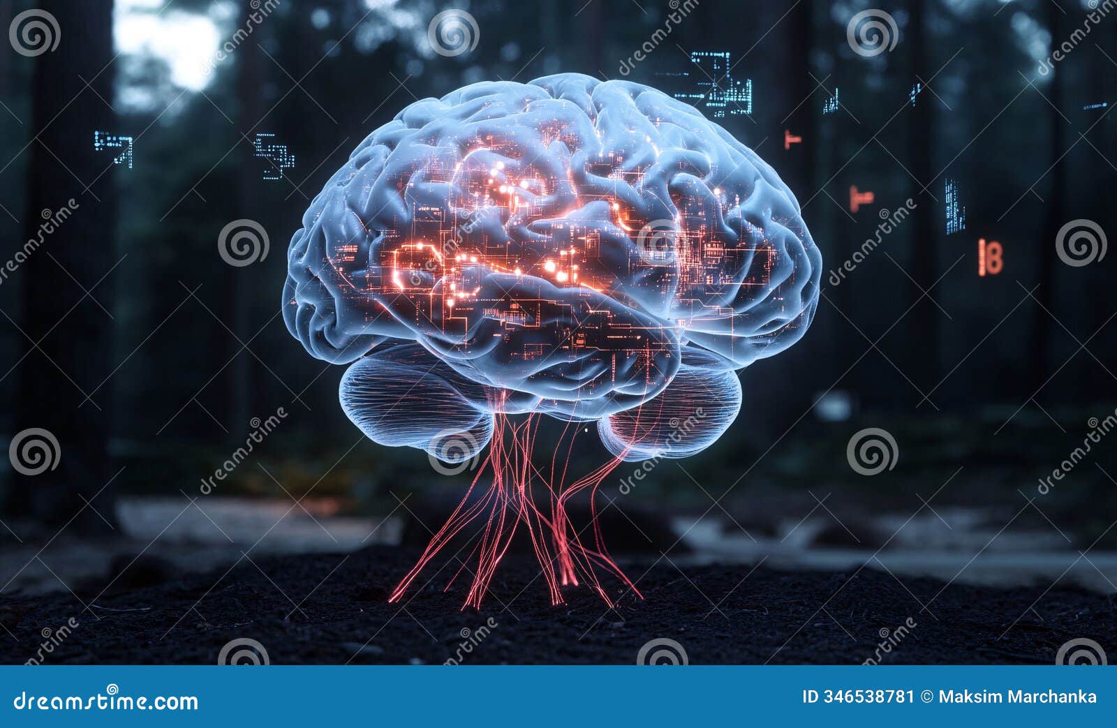 AGI Brain Embedded in a Forest with Glowing Elements Stock Image ...