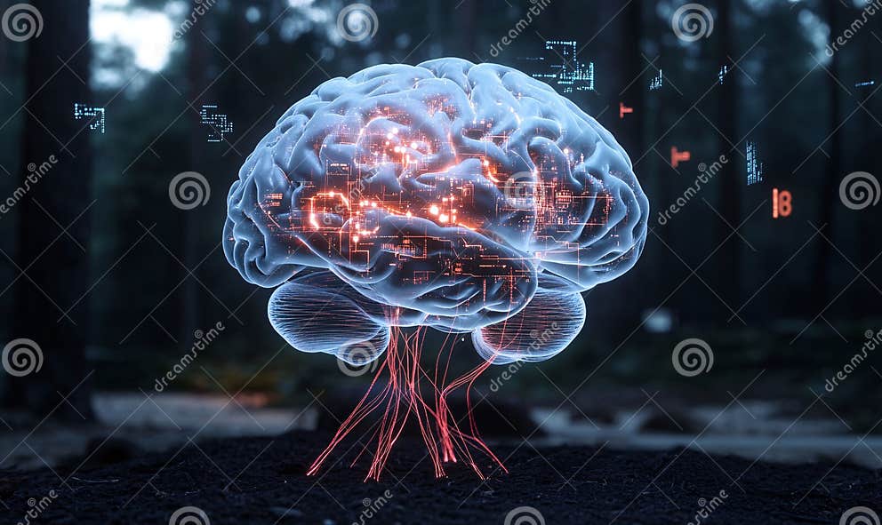 AGI Brain Embedded in a Forest with Glowing Elements Stock Image ...