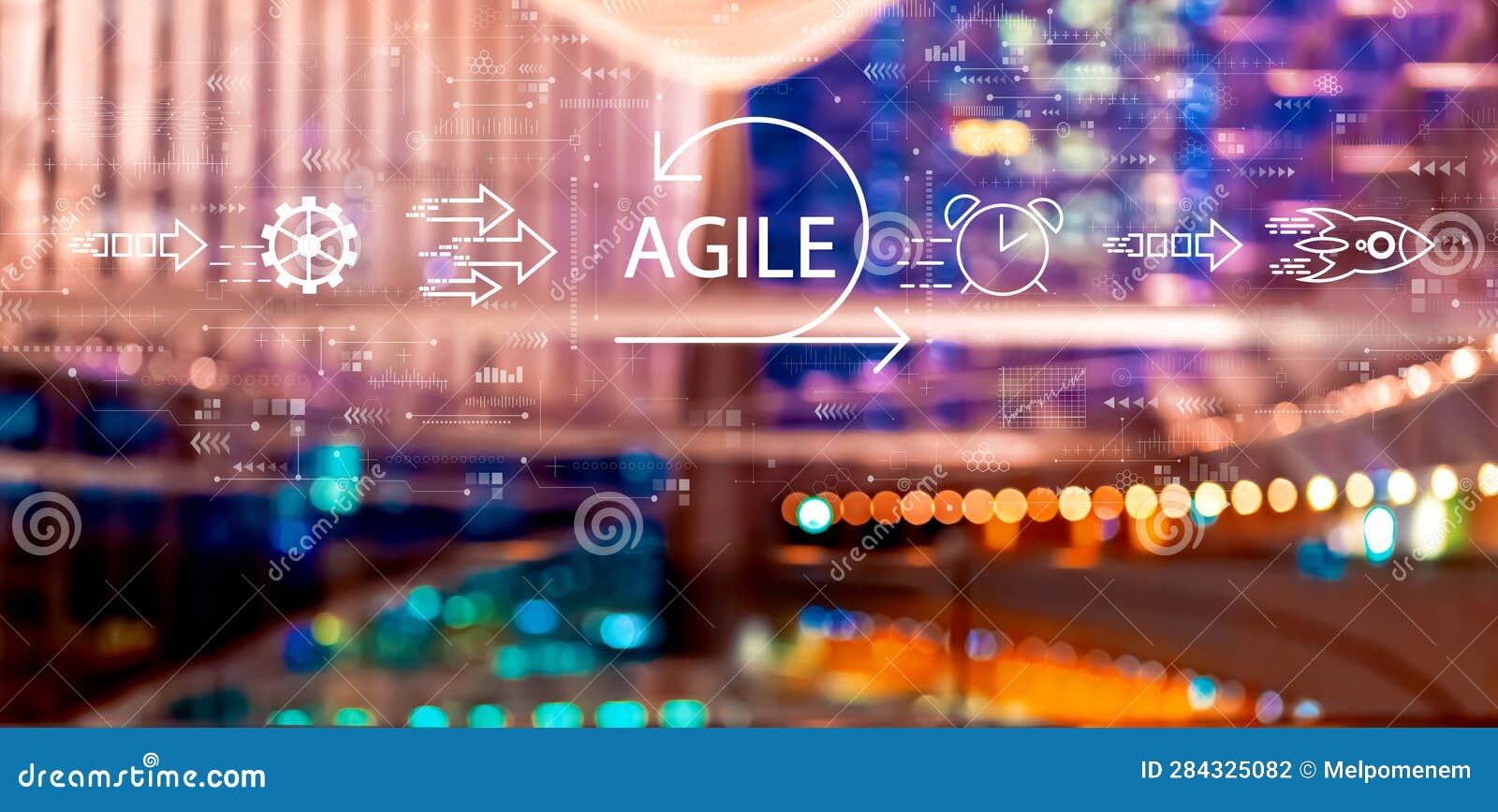 Agile Concept with Big City at Night Stock Photo - Image of growing ...