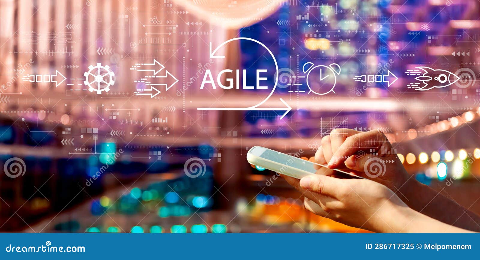 Agile Concept with Person Using a Smartphone in City at Night Stock ...