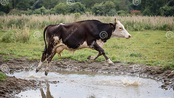 Agile Cow Jumping Over Small Puddle Determined Expression Stock ...