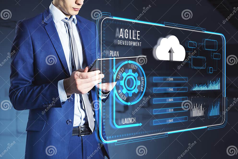 Agile Development Interface with Businessman Using Tablet, Holographic ...