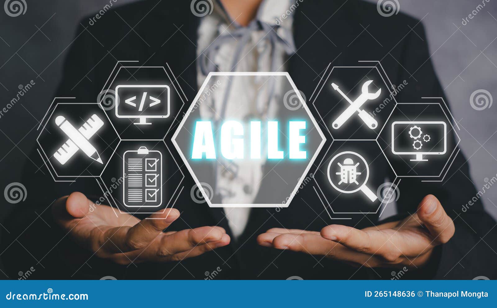 Business Person Hand Holding VR Screen Agile Icon on Office, Technology ...