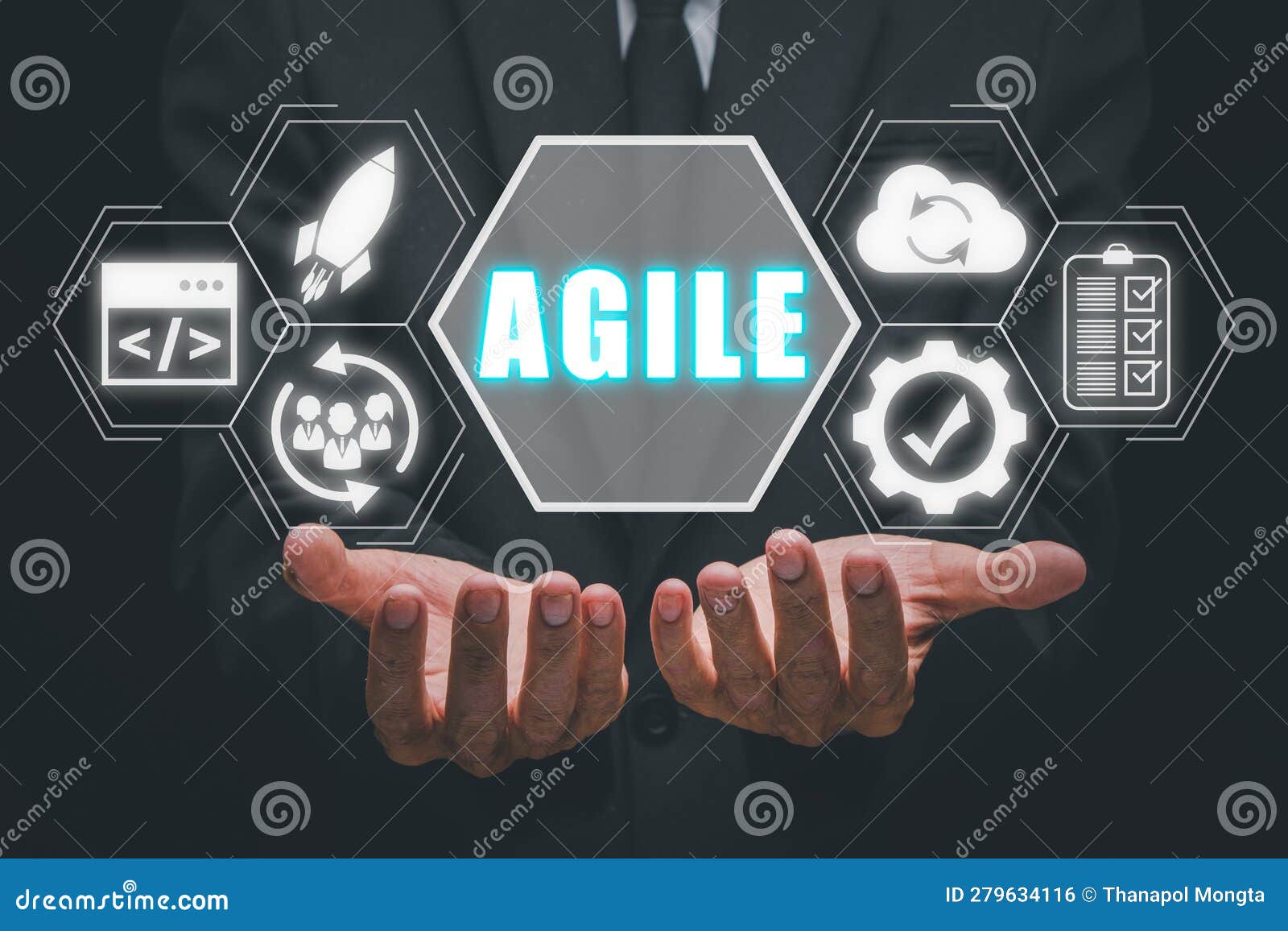 Business Person Hand Holding VR Screen Agile Icon on Office, Technology ...