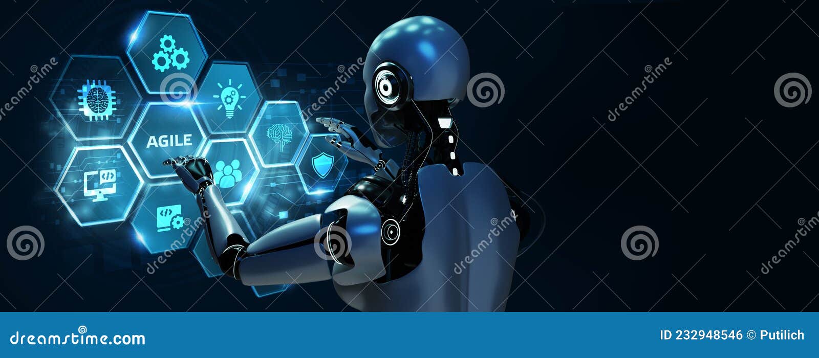 Agile Software Development. Robot Pressing Button on Virtual Screen Stock Illustration ...