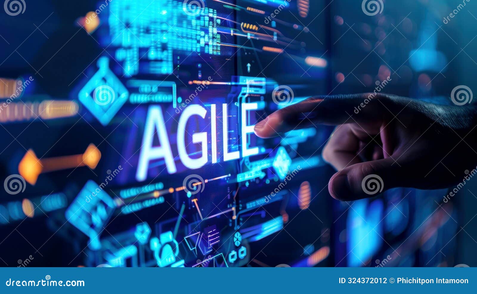 Agile Software Development Scrum Methodology Boards. Workflow, Finger Touching Virtual Interface ...