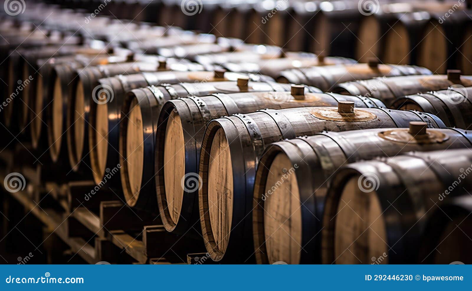 Aging with Precision, Traditional Oak Barrels Organized in Orderly Rows ...