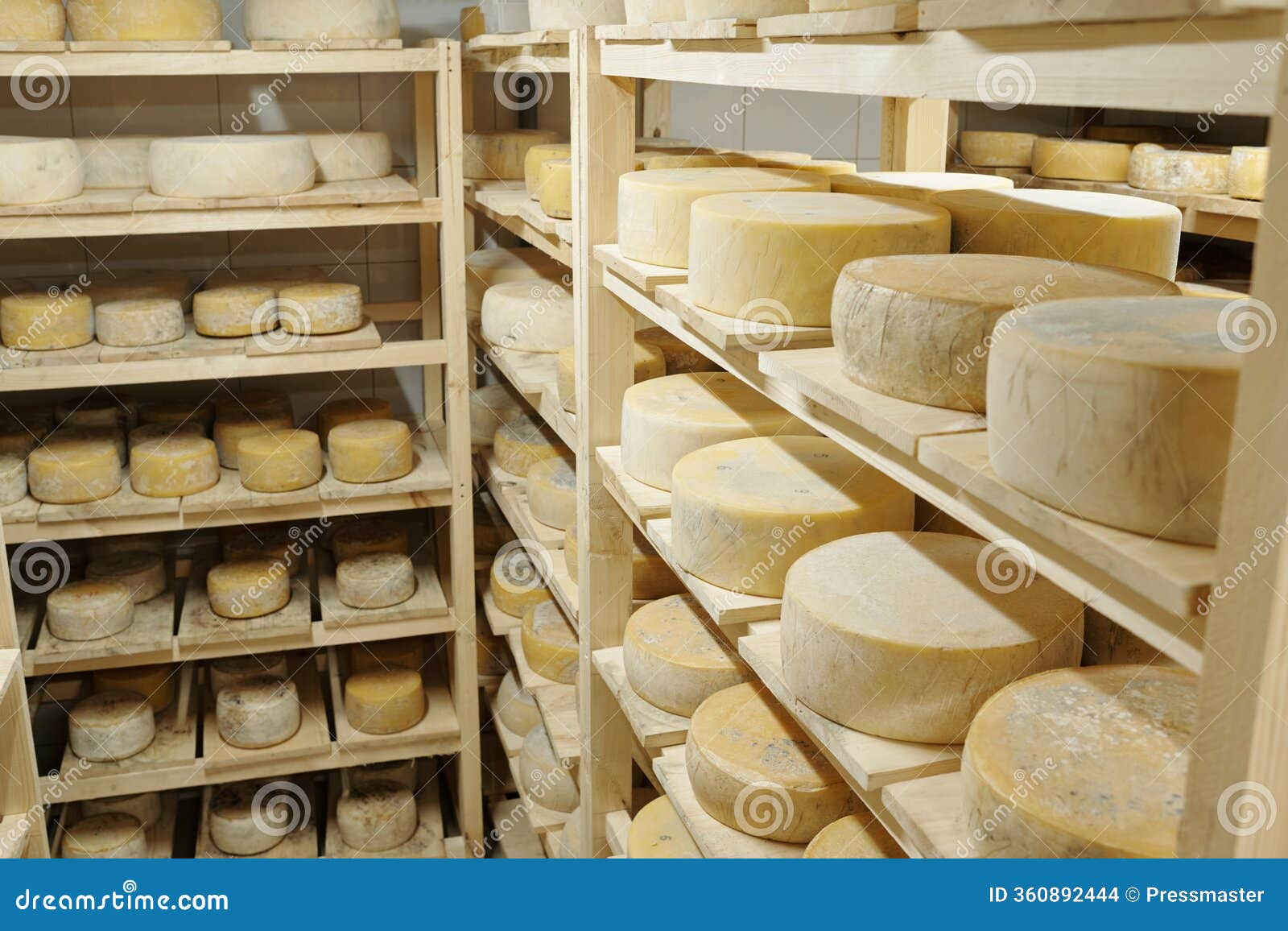 Aging Wheels of Artisan Cheese in Rustic Cellar Stock Photo - Image of ...
