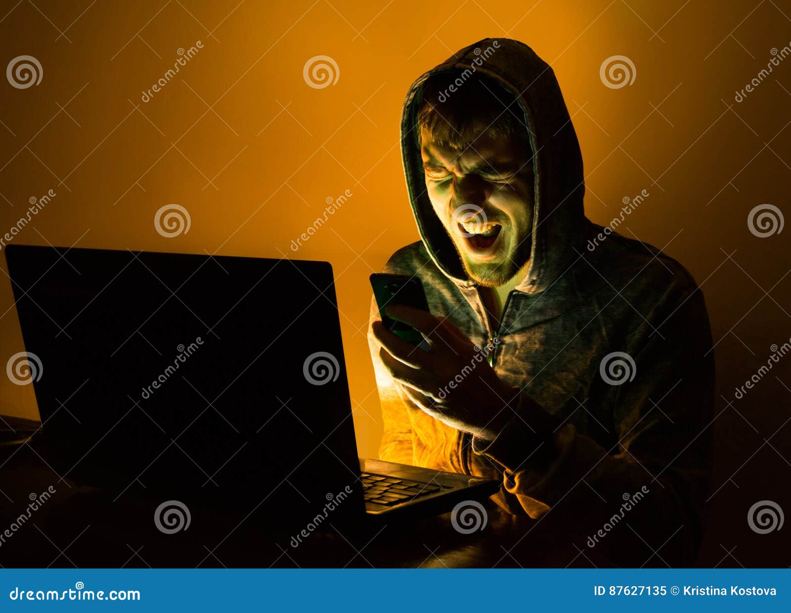 Agressive Hacker Screaming on the Phone Stock Image - Image of ...