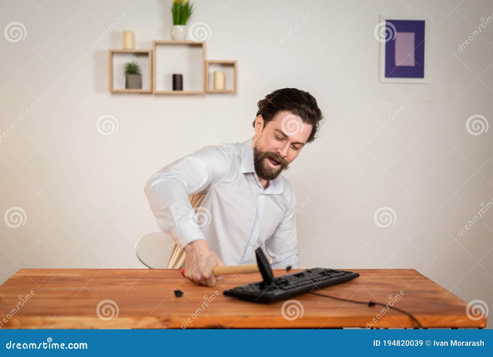 Agressive Office Worker, Angry Man with a Beard Destroy His Computer ...