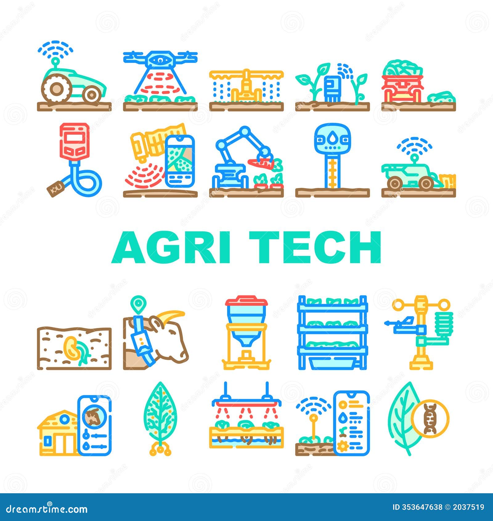 Agri Tech Precision Drones Iot Icons Set Vector Stock Illustration ...
