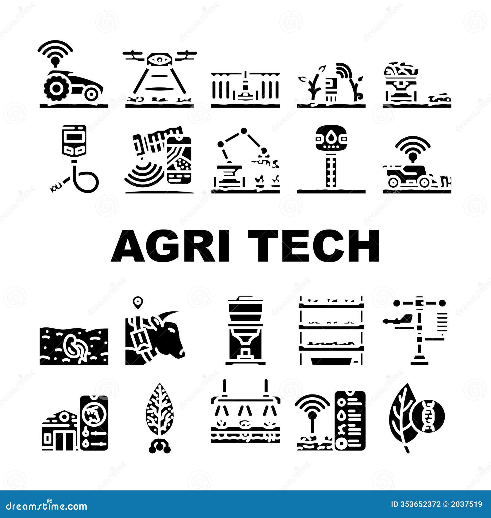 Agri Tech Precision Drones Iot Icons Set Vector Stock Illustration ...