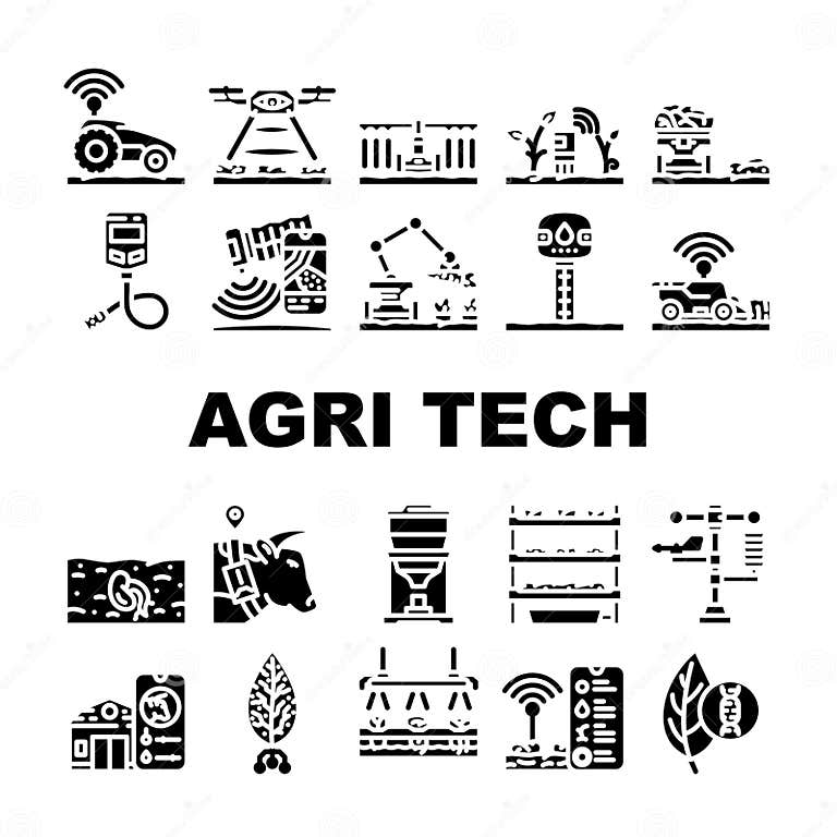 Agri Tech Precision Drones Iot Icons Set Vector Stock Illustration ...