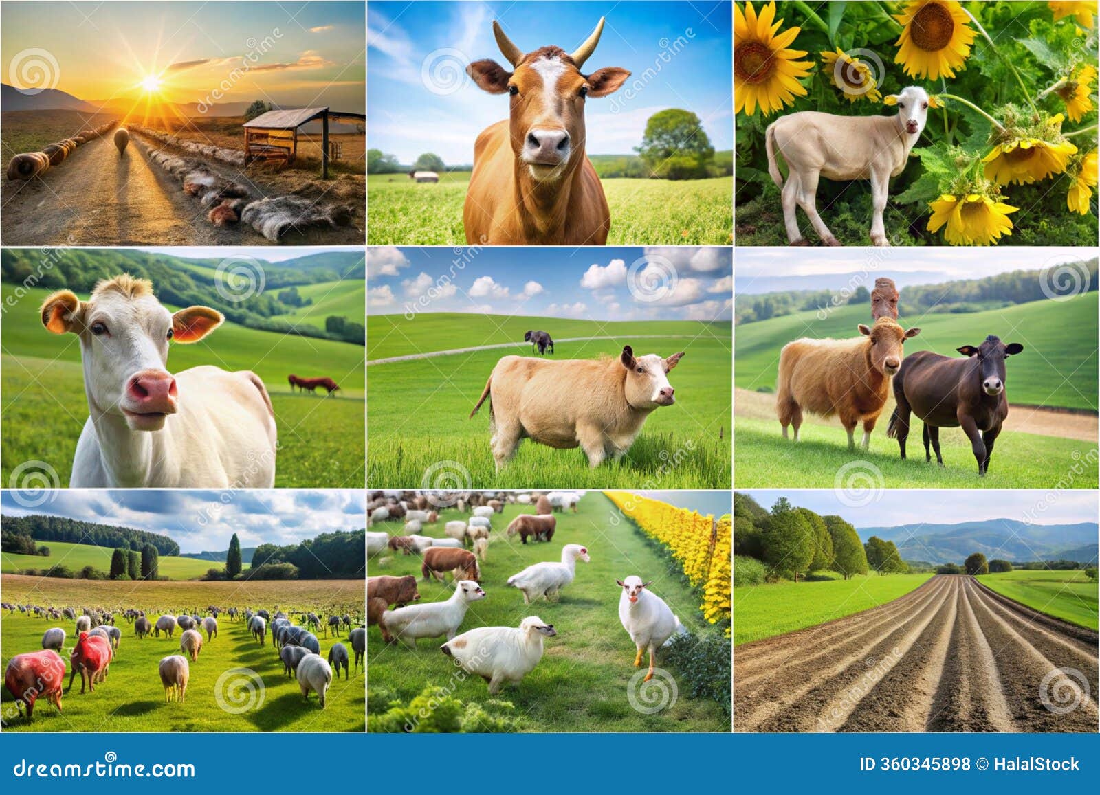Agricultural Collage with Farm Animals in Green Fields Stock ...