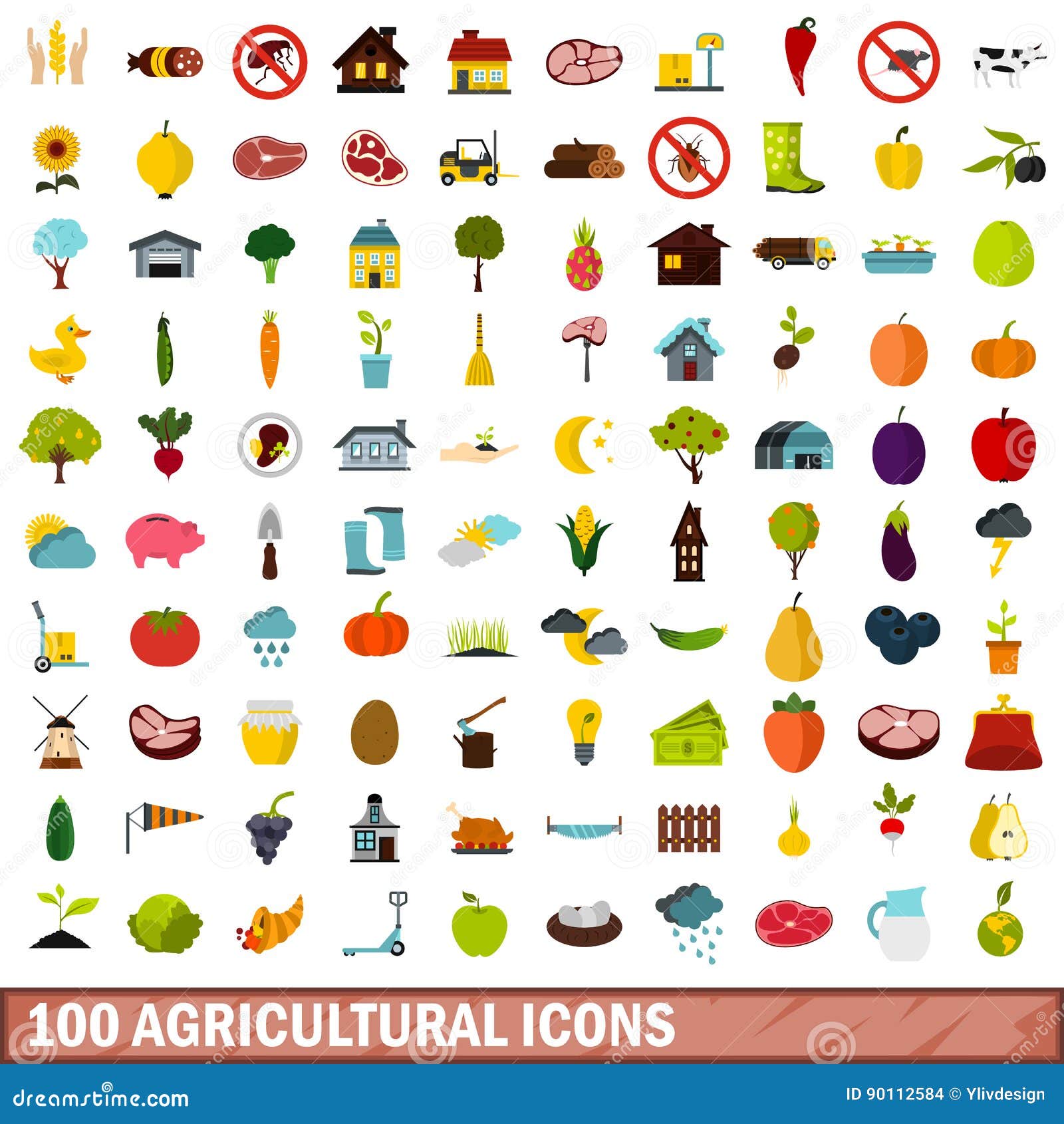100 Agricultural Icons Set, Flat Style Stock Vector - Illustration of ...
