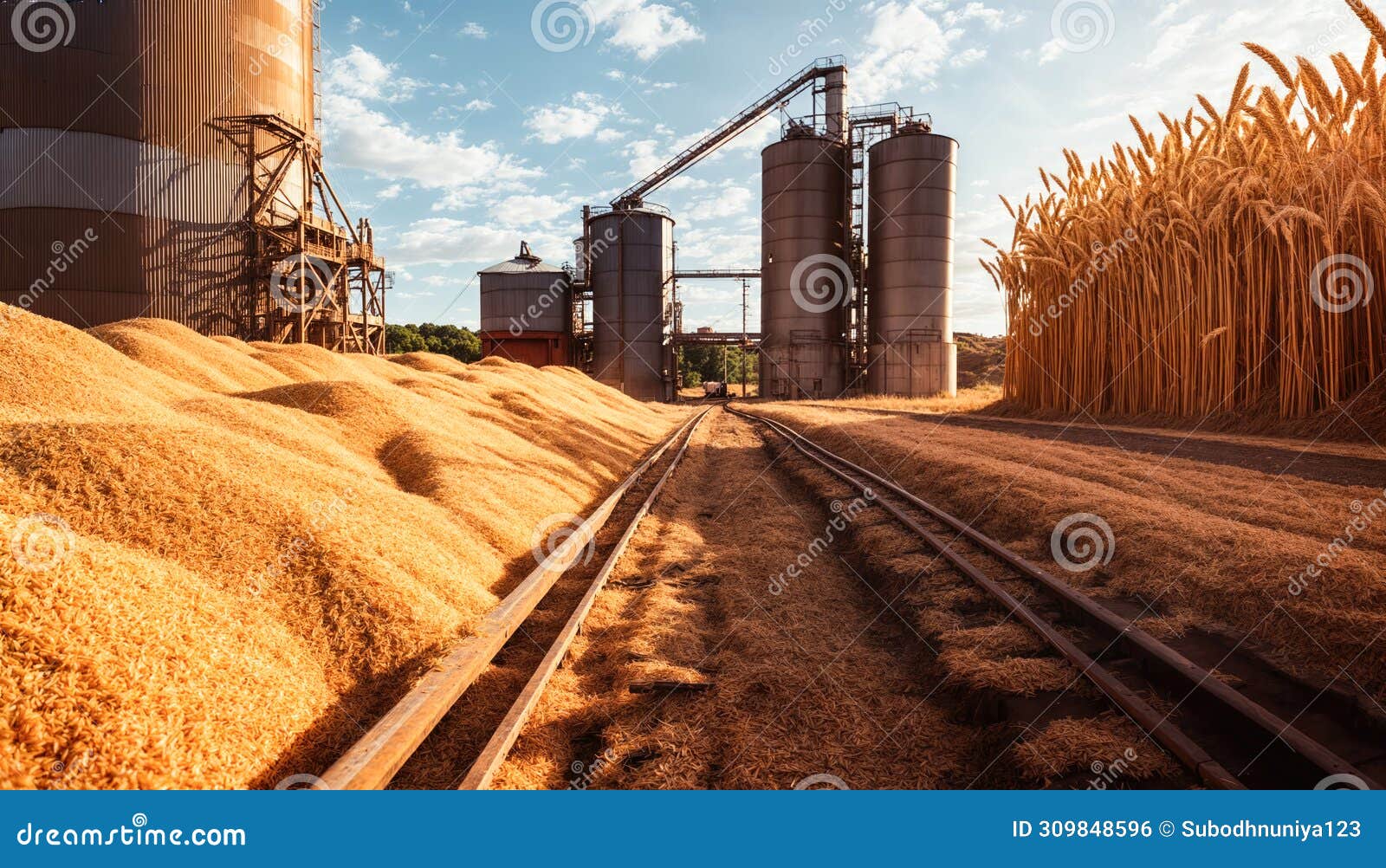 Agricultural Landscape with Grain Silos and Railroad Tracks at Sunset ...