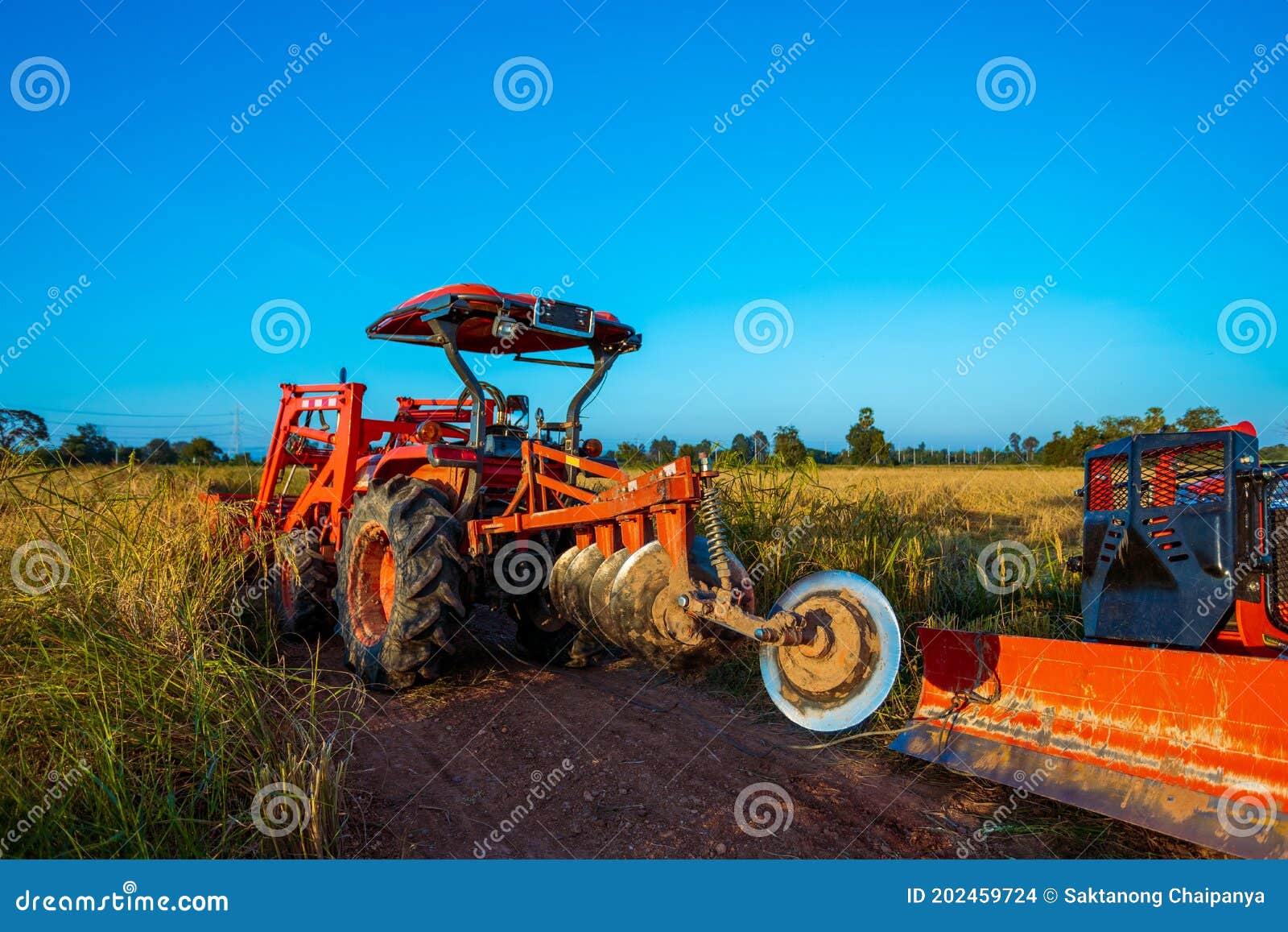 Agricultural Machinery in the Rice Fields at Sunset Stock Photo - Image ...