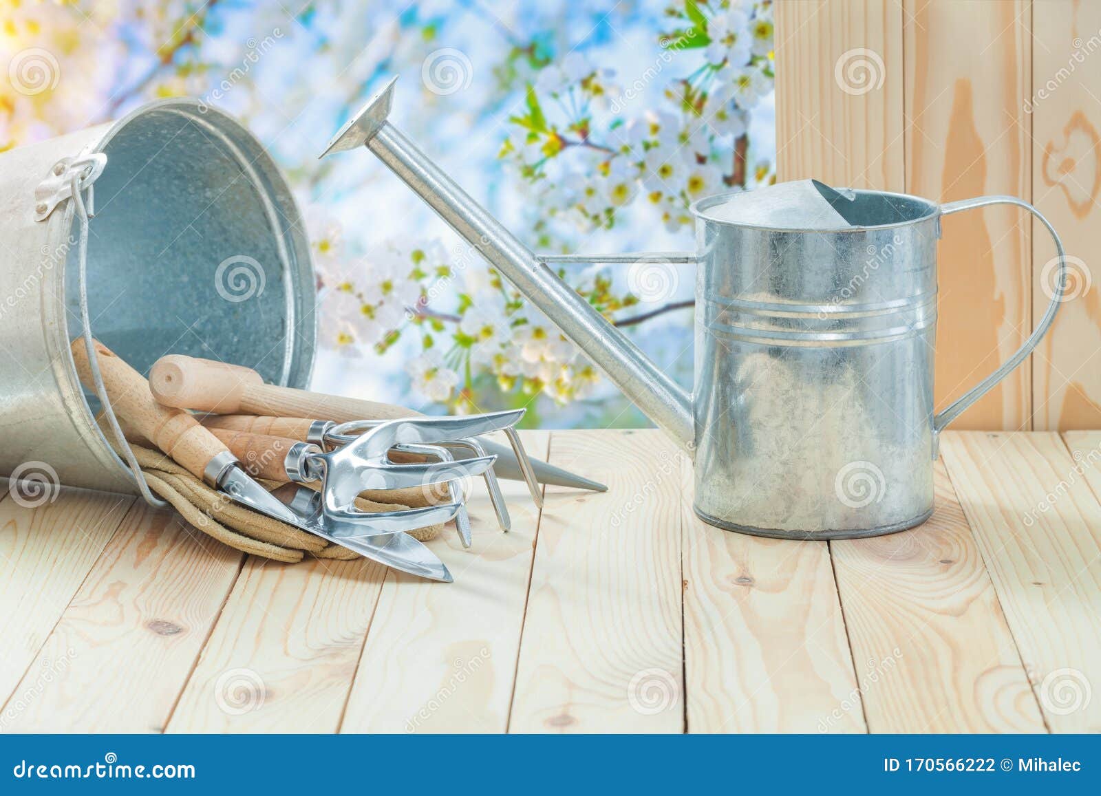 Agricultural Tools Bucket with Handtools and Watering Can on Table in ...